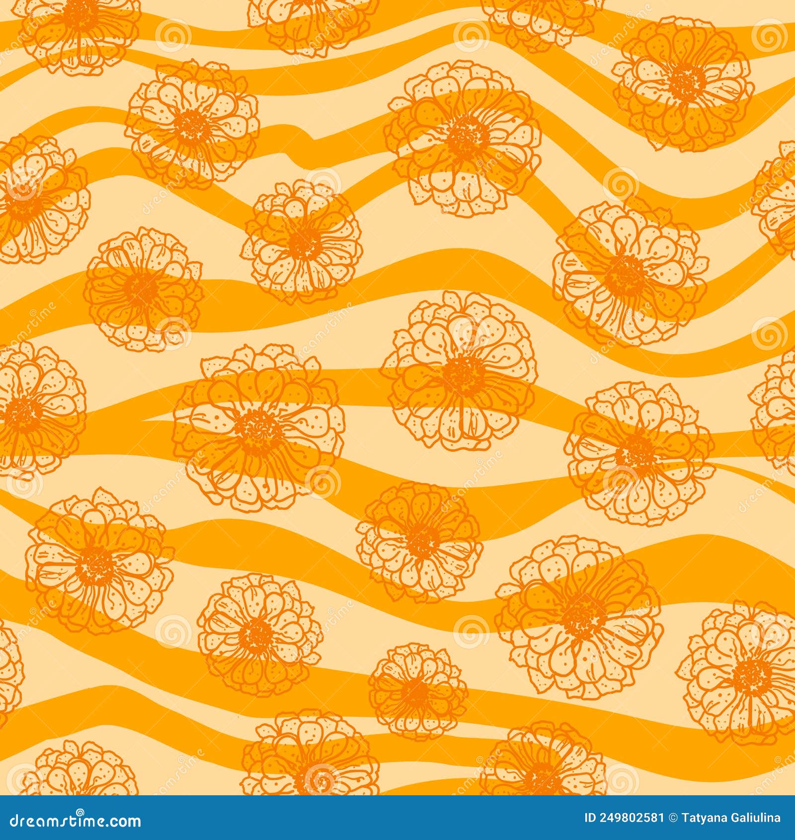 Trippy Orange Groovy Wave Daisy Seamless Pattern Hippie Vector ...