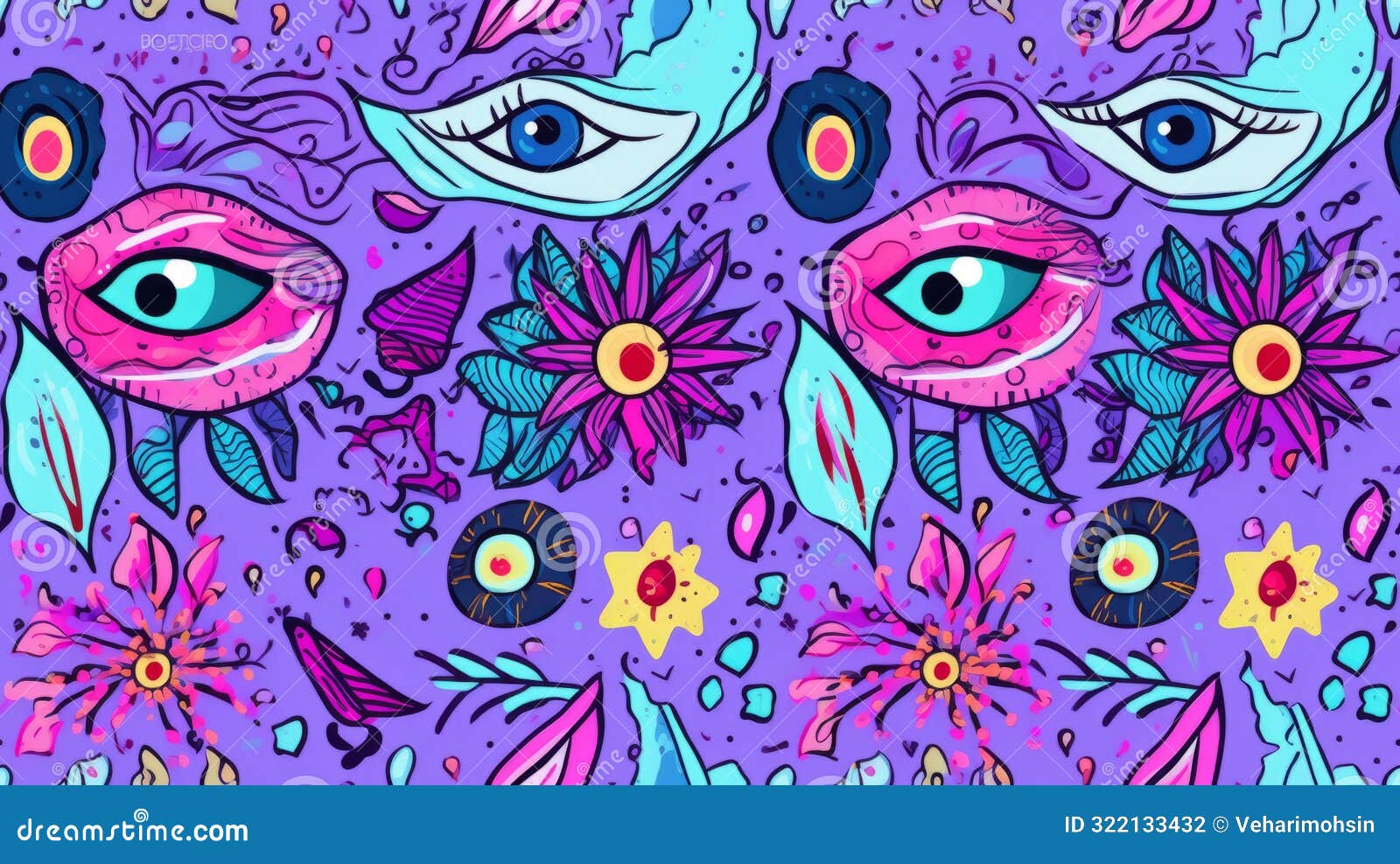 Trippy Seamless Pattern with Eye and Flower. Crazy Heart Abstract ...