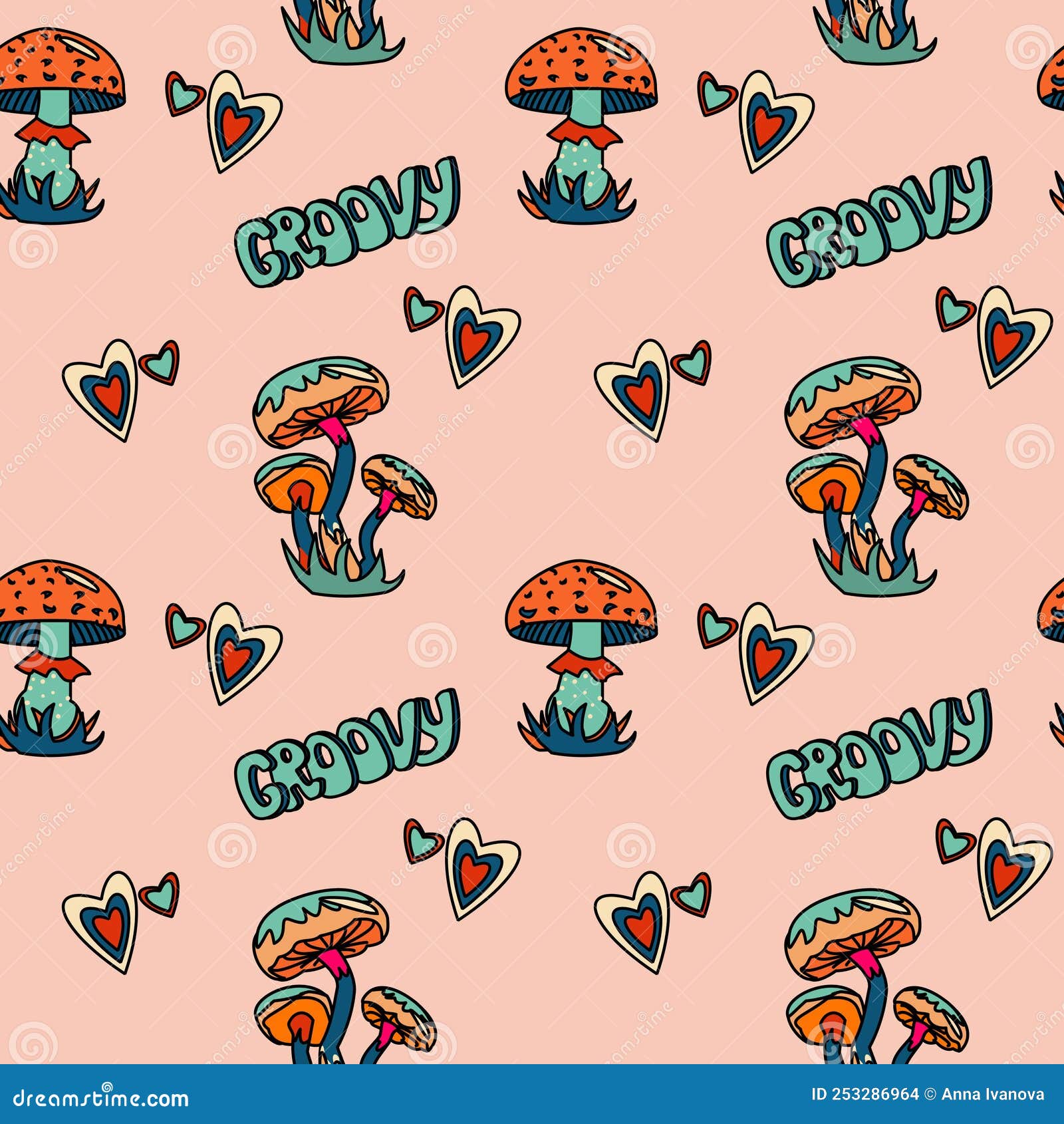 1970 Trippy Seamless Psychedelic Pattern with Mushroom Groovy Text ...