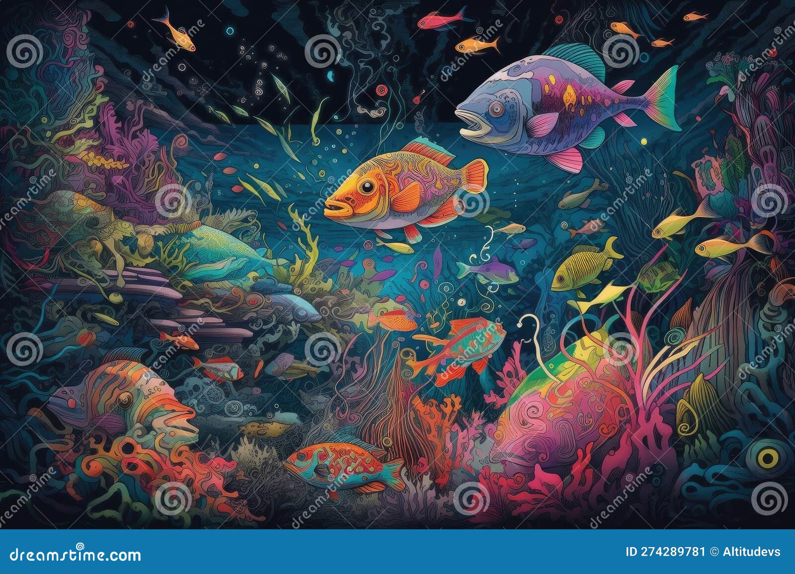 Trippy and Surreal Underwater World with Trippy Fish, Plants, and ...
