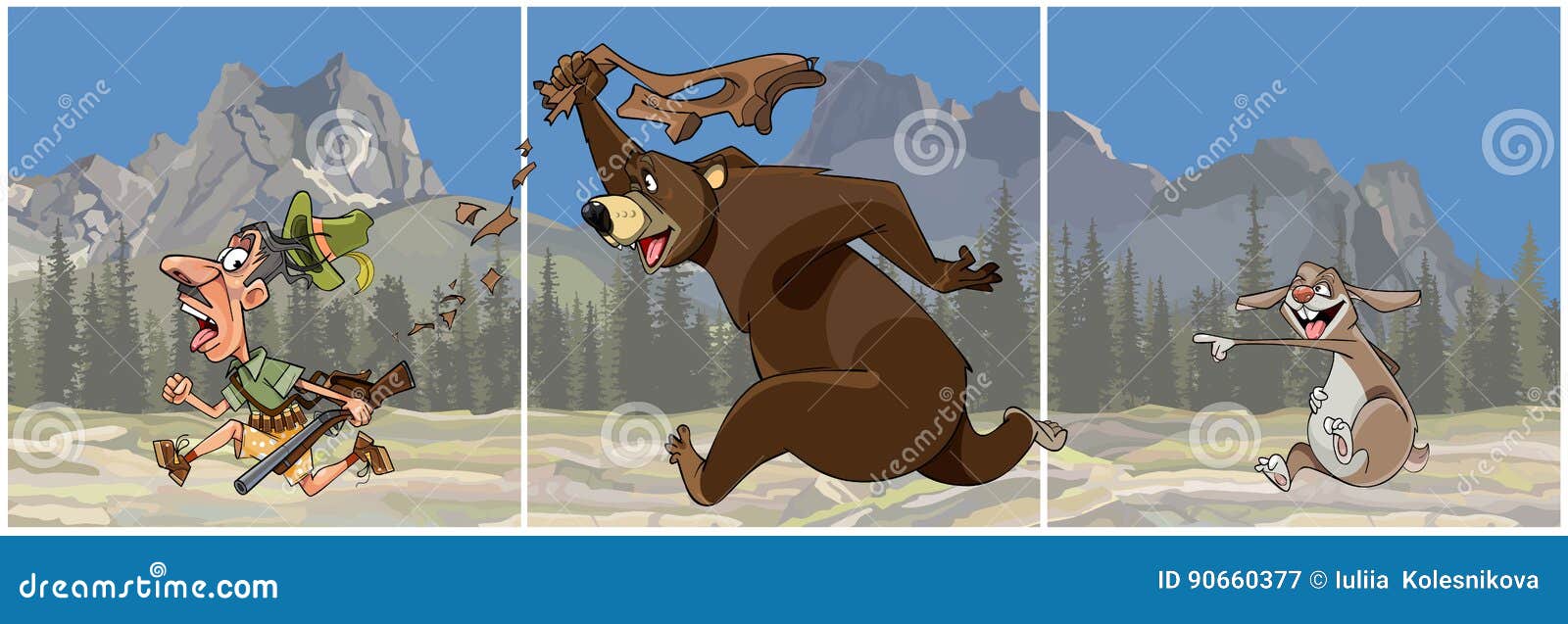 Triptych Cartoon Bear Chasing a Hunter and the Hare Scoffs Stock Vector ...