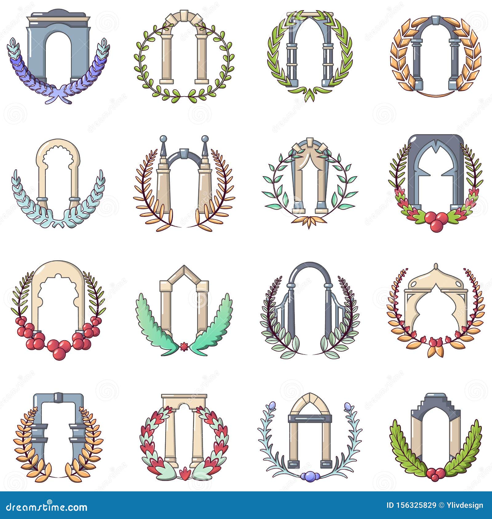 Triumphal Arch Icons Set, Cartoon Style Stock Vector - Illustration of ...