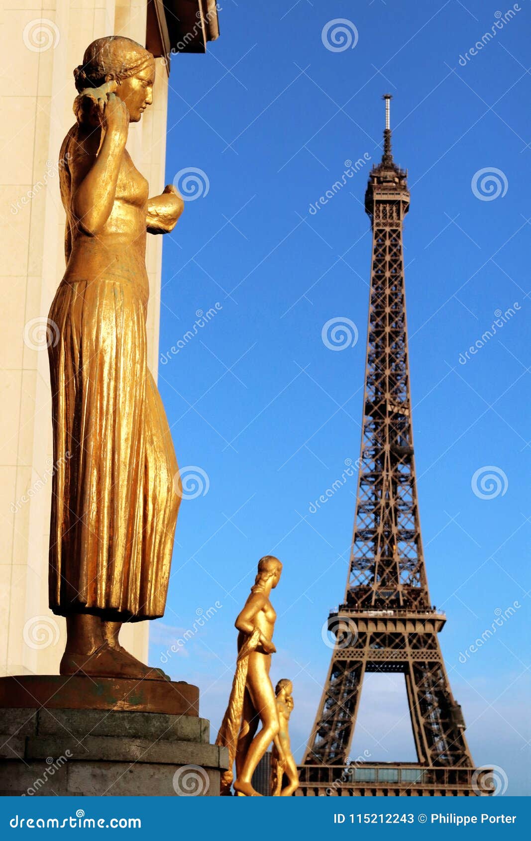 Trocadero Golden Statues with the Eiffel Tower in the Background Stock ... Trocadero Golden Statues with the Eiffel Tower in the Background Stock ...