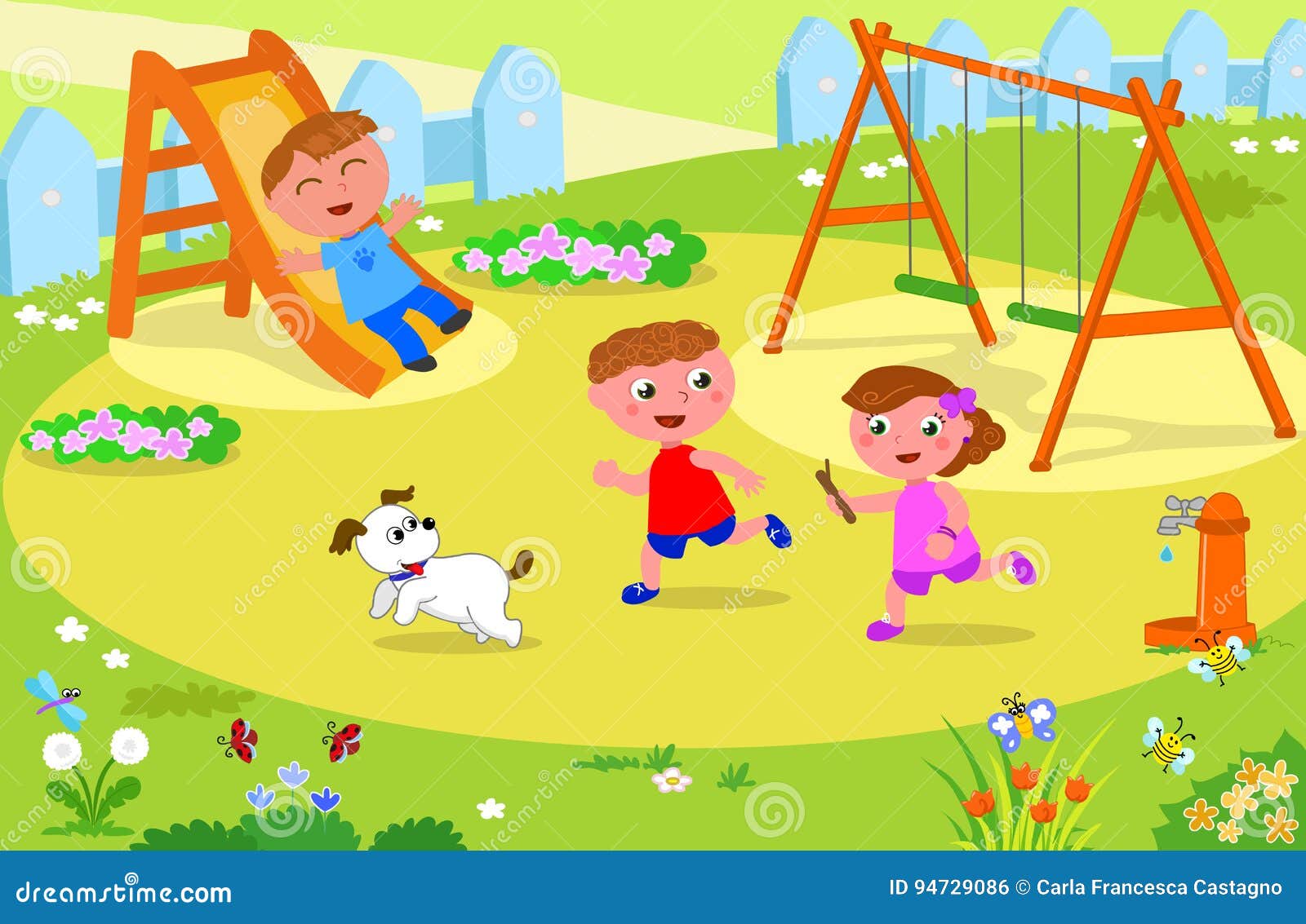 Trois Enfants Jouant Au Terrain De Jeu Illustration De Vecteur
