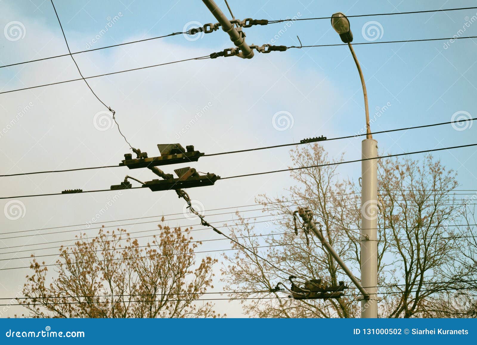 Trolley Bus Wires Have a Pillar Against Blue Sky Stock Photo - Image of ...