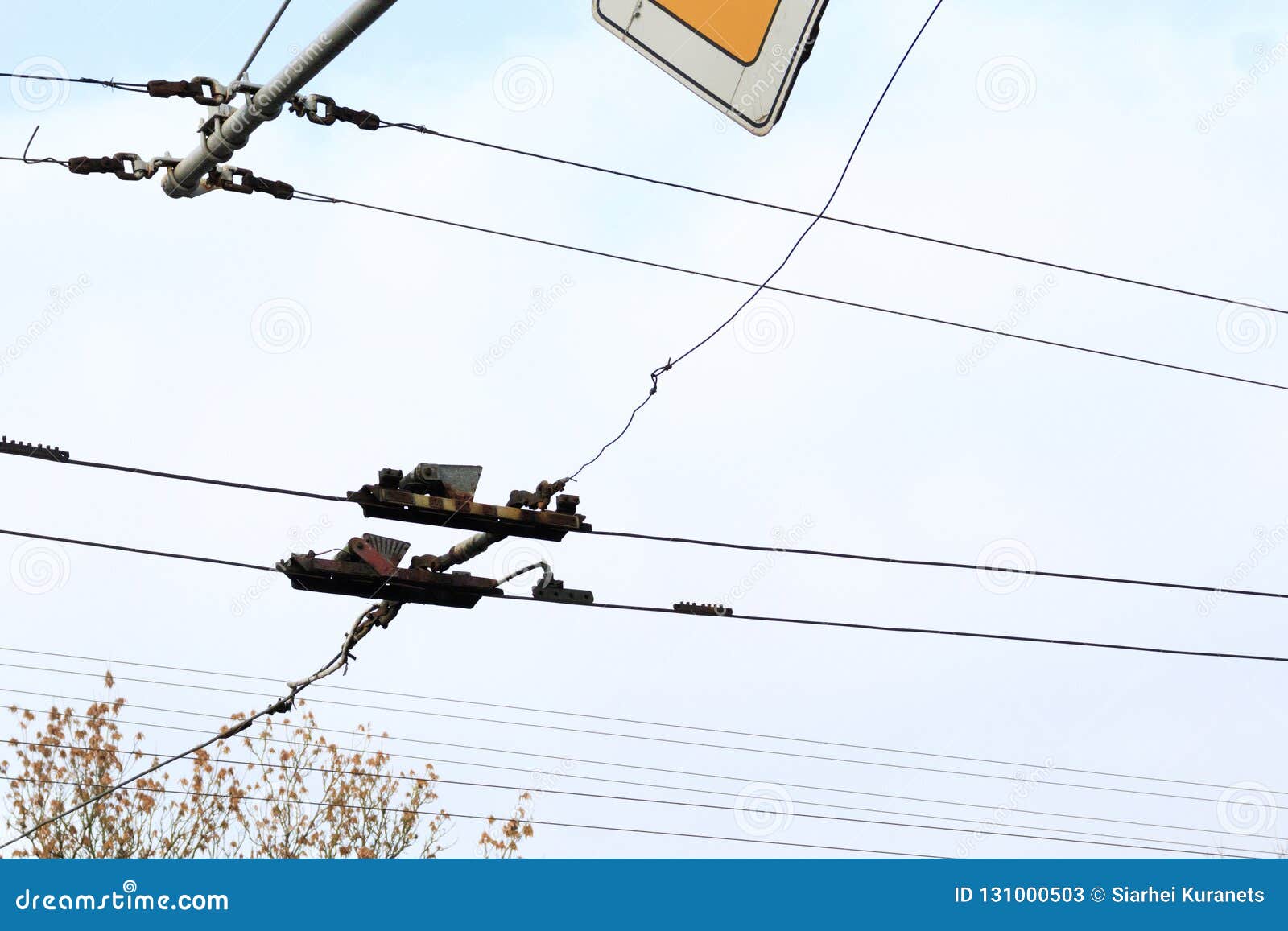 Trolley Bus Wires Have a Pillar Against Blue Sky Stock Image - Image of ...