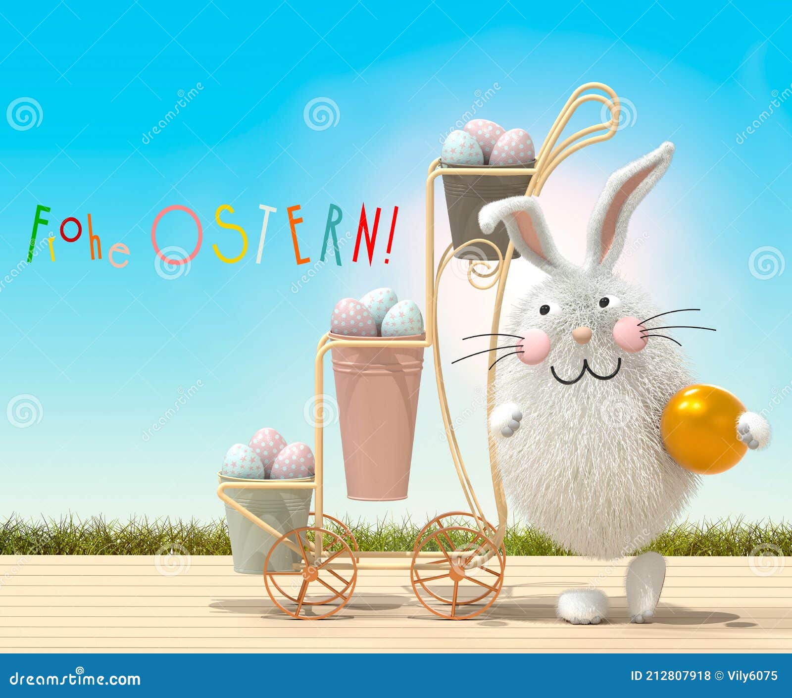 Trolley with Easter Eggs, Grass and Easter Bunny Stock Illustration ...