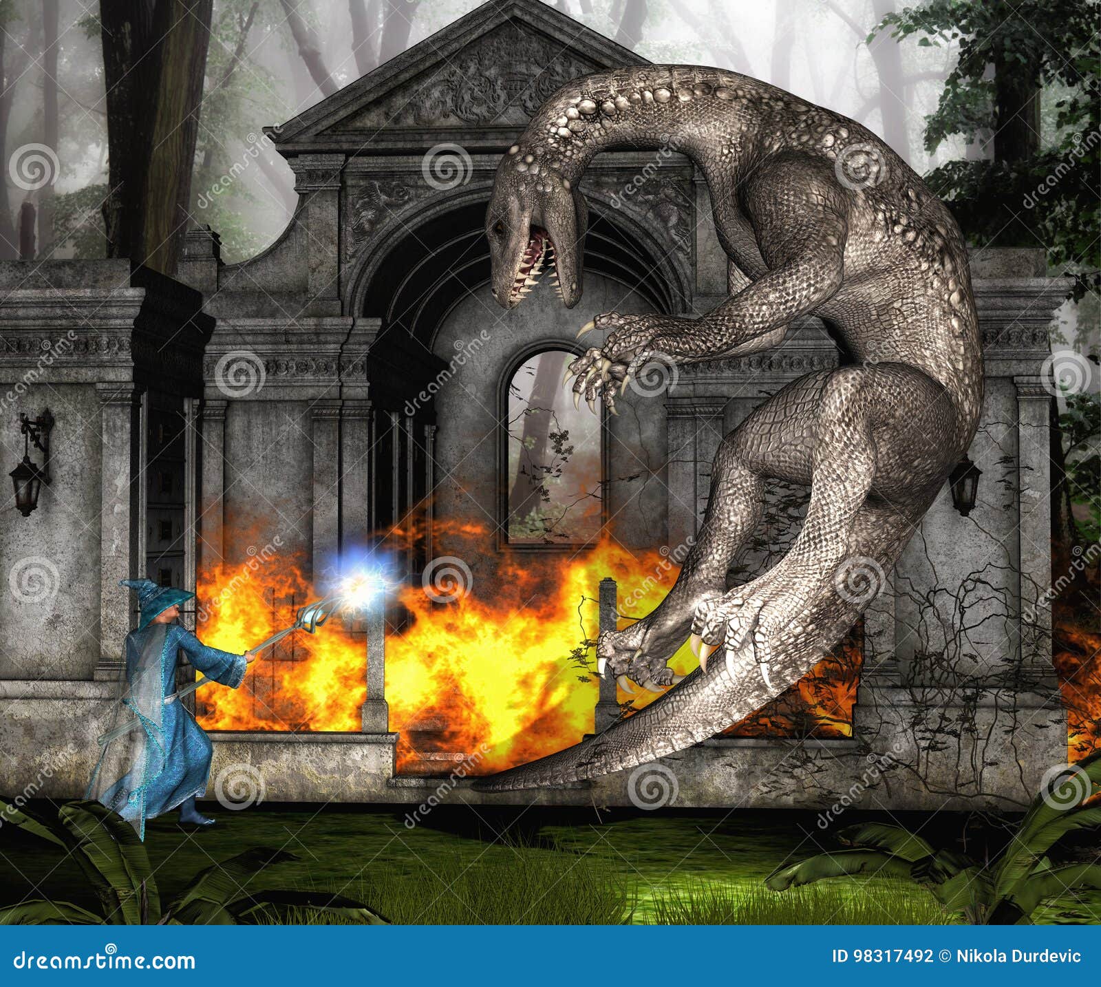 Trollkarl Och Drake I Strid II Stock Illustrationer - Illustration av ...