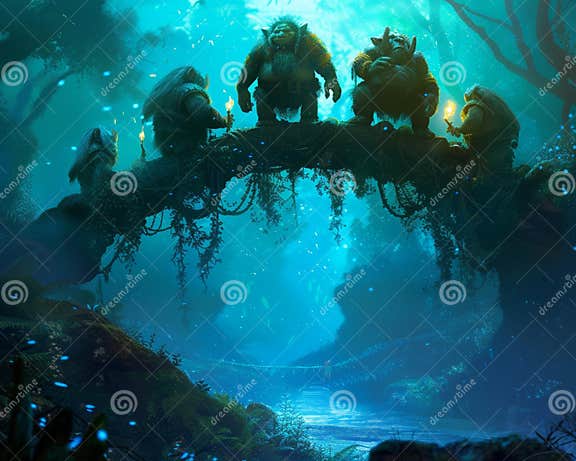 Trolls Under a Mystical Glowing Bridge Stock Illustration ...