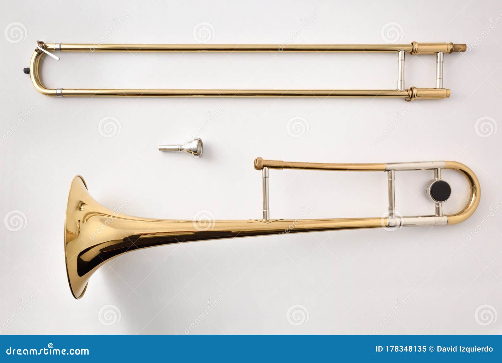 Trombone Disassembled on White Table Top Stock Image - Image of melody ...