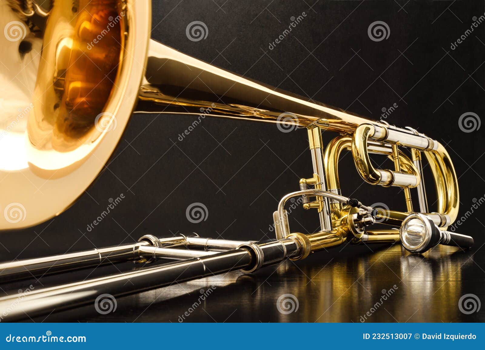 Trombone with Transposer on a Black Table Front View Stock Image ...