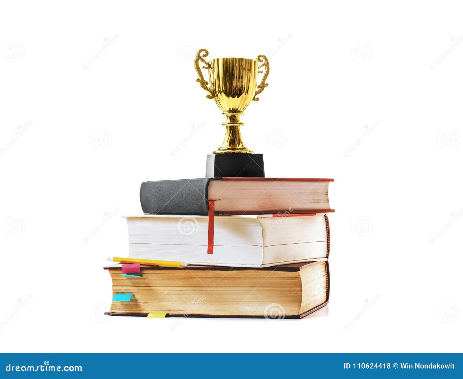 Trophy and Book with Pencil on White Stock Photo - Image of champion ...