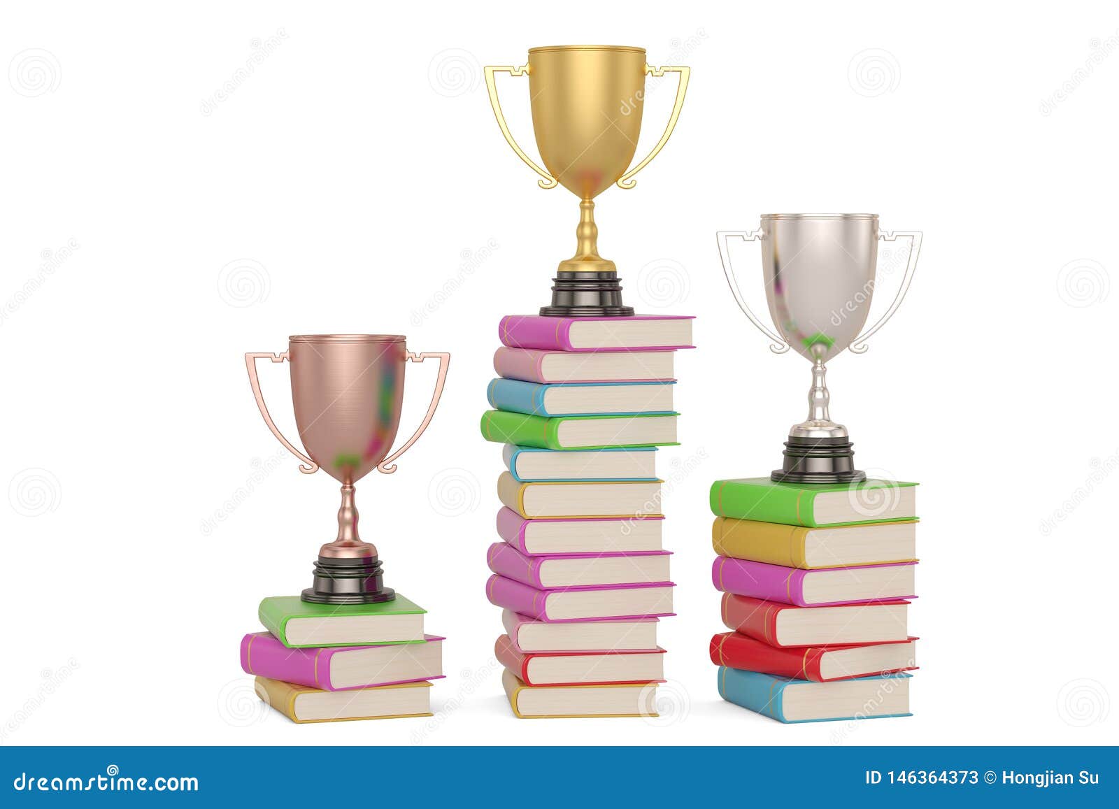 Trophy and Book Stacks Isolated on White Background. 3D Illustration ...