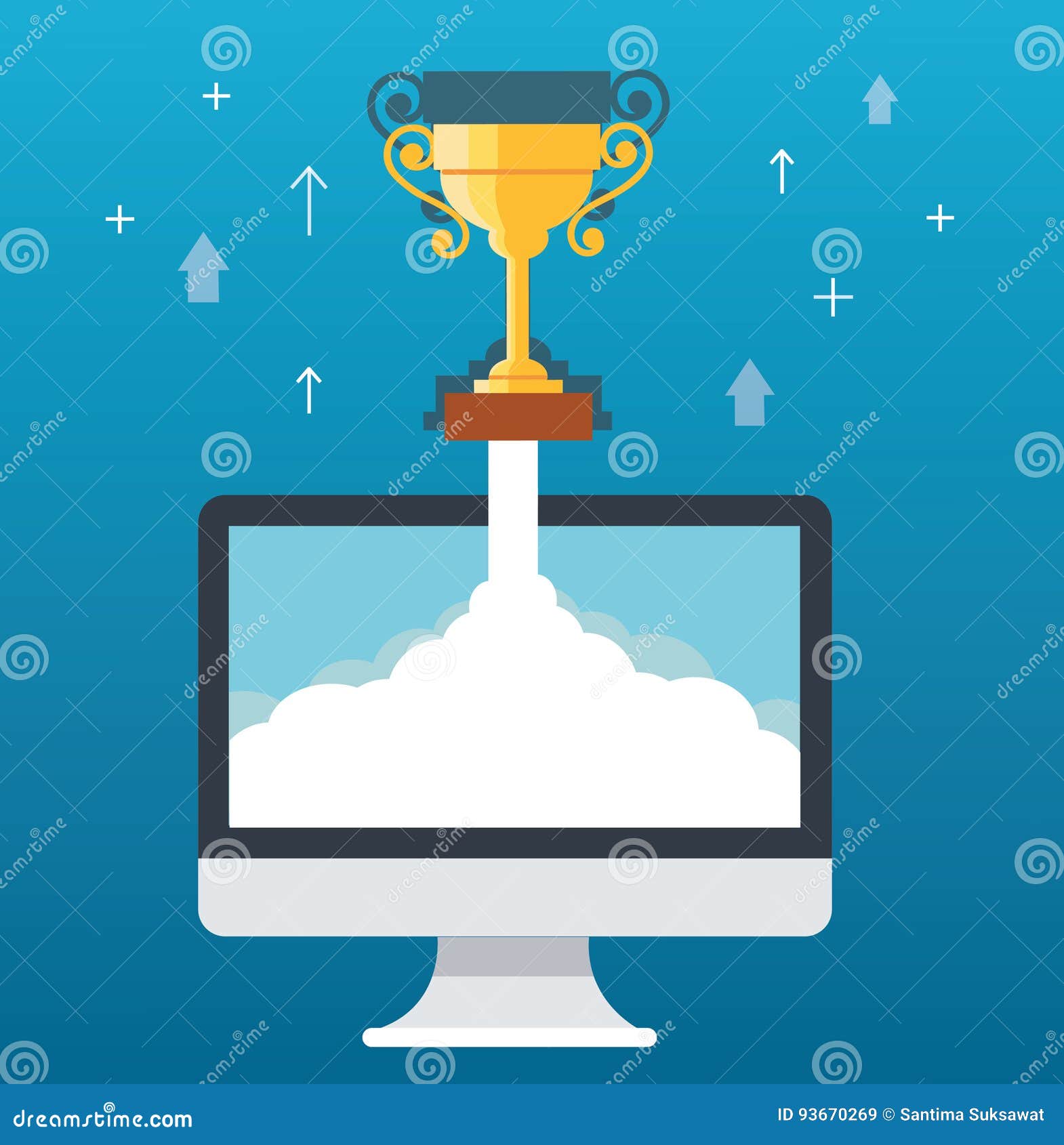 Trophy on Cloud and Computer, Startup Business Concept Illustration ...