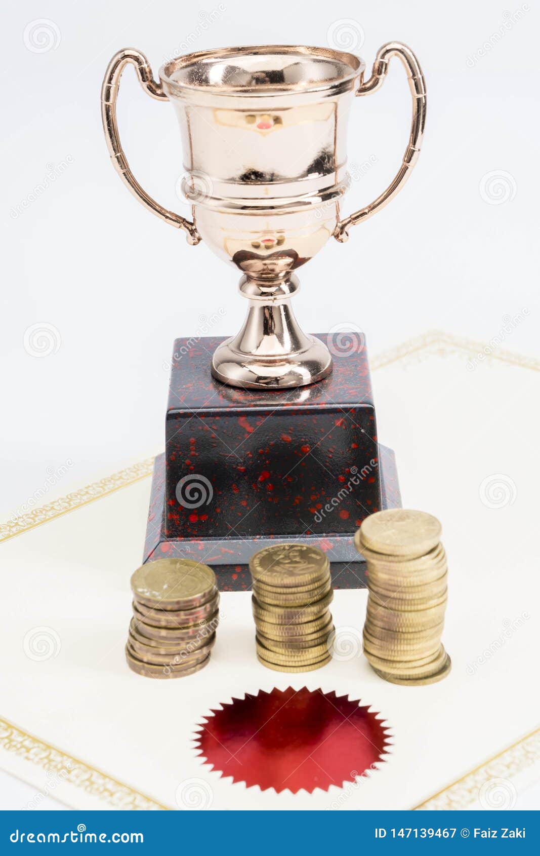 Trophy Cup and Coins and Blank Certificate Stock Image - Image of ...
