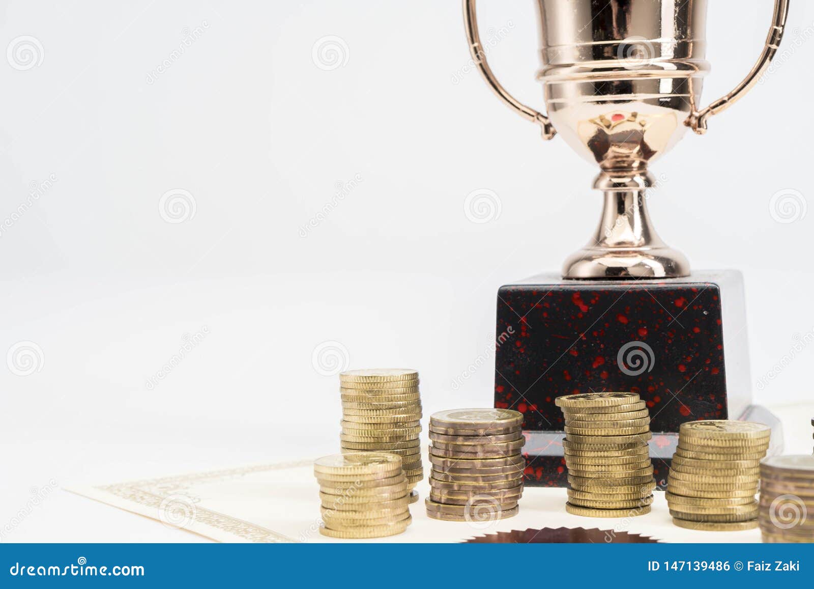 Trophy Cup and Coins and Blank Certificate Stock Photo - Image of ...