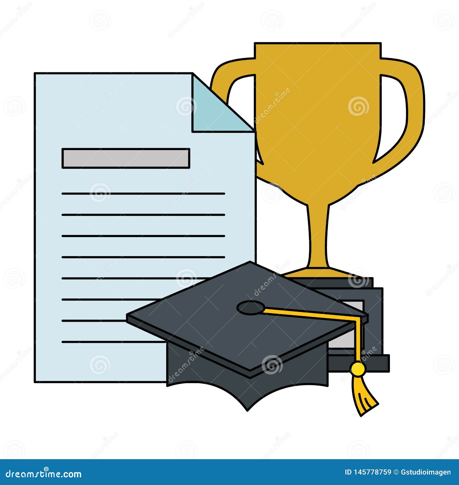 Trophy Cup with Graduation Hat and Document Stock Illustration ...