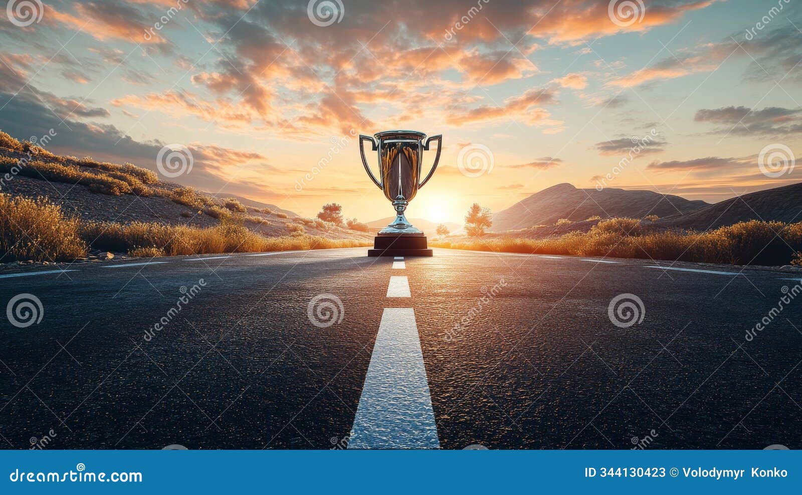 Trophy on Road at Sunset, Symbol of Achievement and Success Stock Image ...