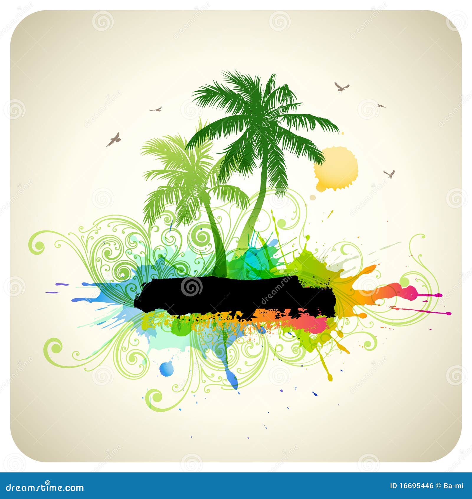 Tropical Abstract Background with Palm Trees, Flourishes, Splatters ...