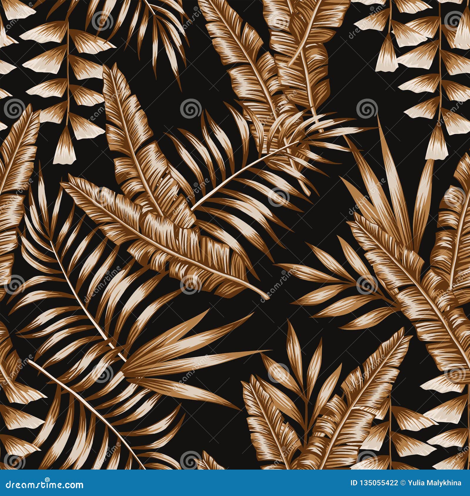 Tropical Brown Leaves Seamless Pattern Black Background Stock Vector ...