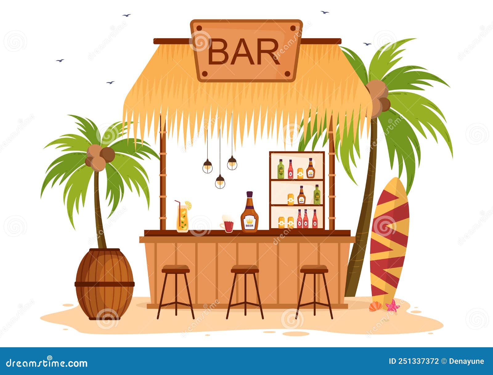 Beach Bar With Bartender Character. Cafe-bar Bungalows Royalty-Free ...