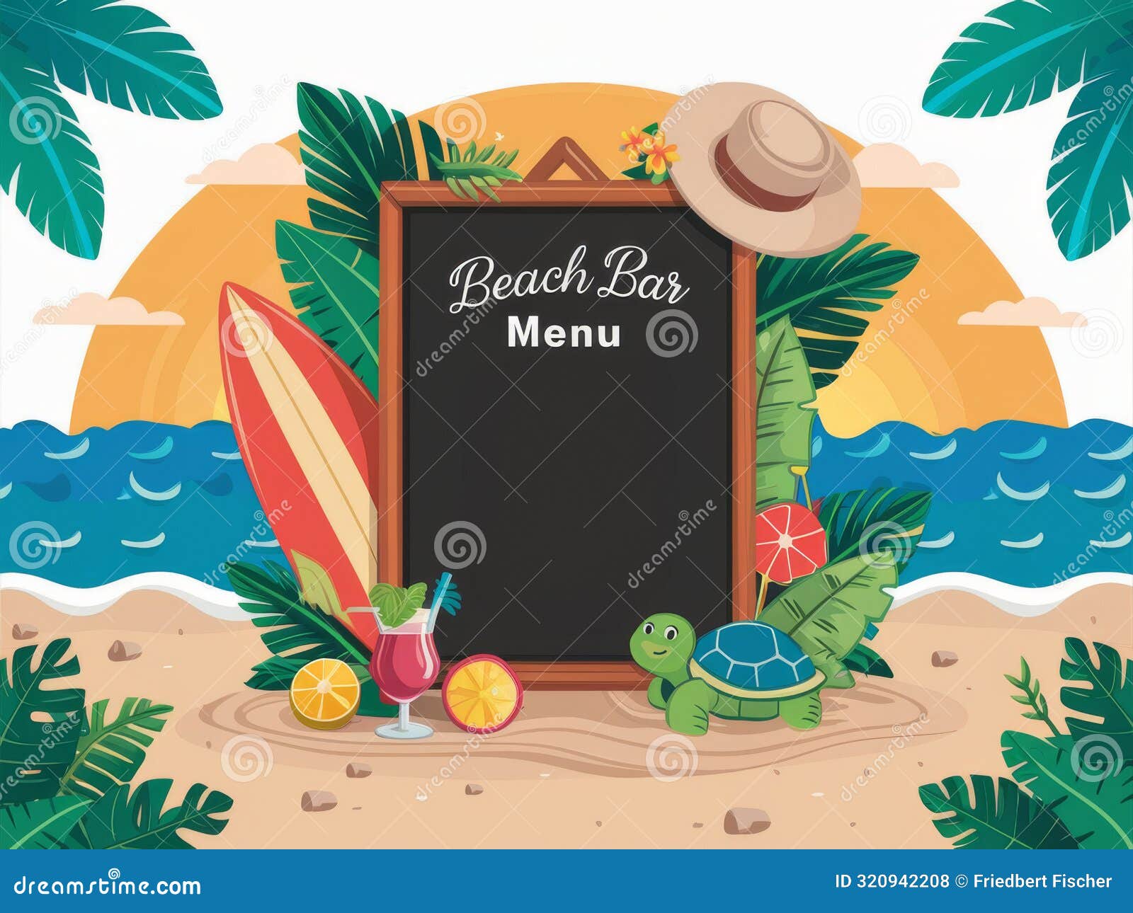 Tropical Beach Bar Menu with Surfboard, Cocktail, Turtle, and Sunset ...
