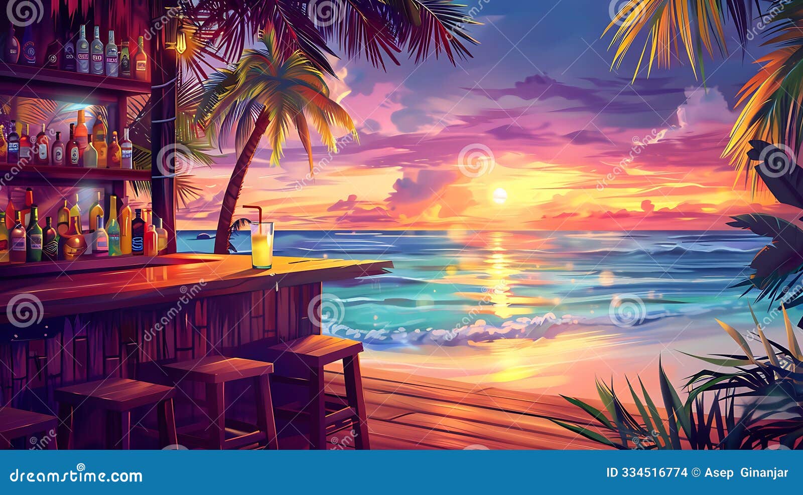 Tropical Beach Bar with Palm Trees Stock Illustration - Illustration of ...