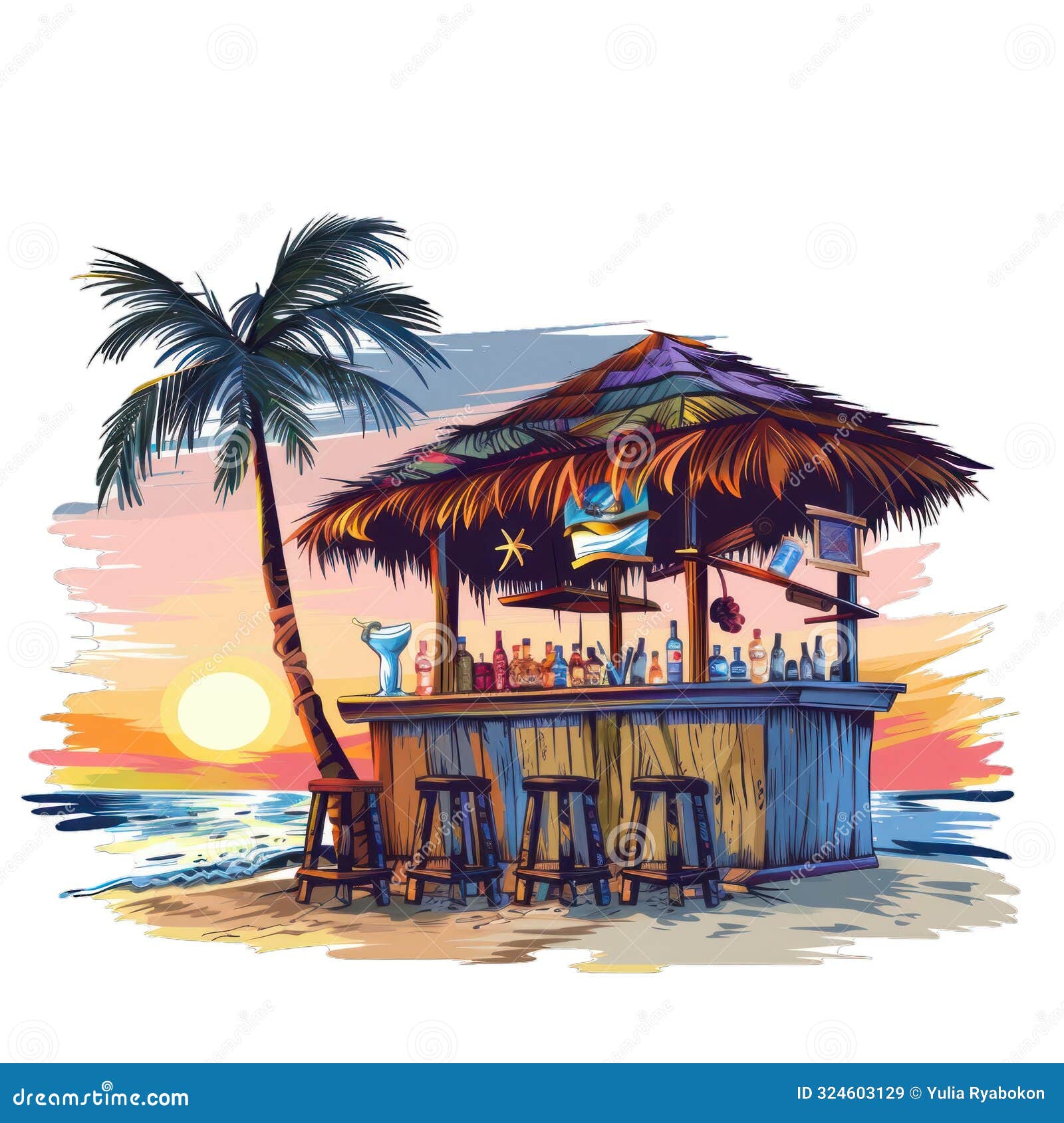 Tropical Beach Bar at Sunset Illustration Stock Image - Image of roof ...