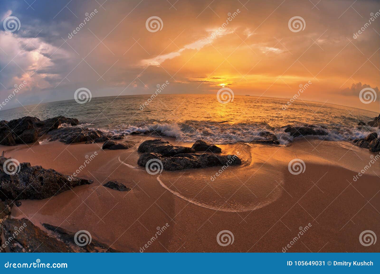 Tropical beach at sunset. stock image. Image of black - 105649031