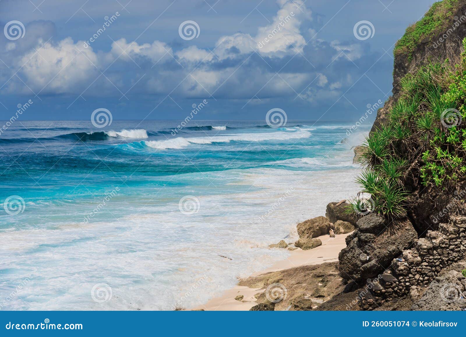 Tropical Beach with Big Ocean Waves in Bali Island Stock Photo - Image ...