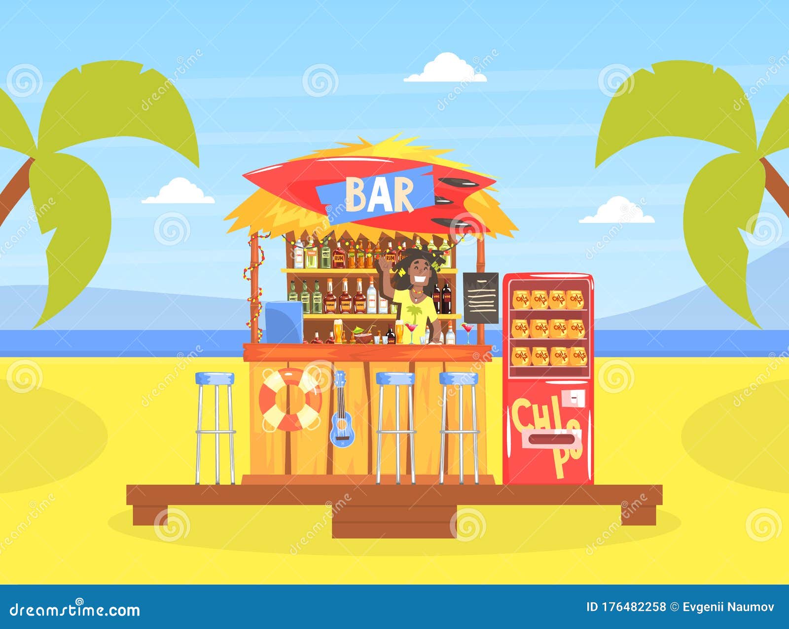 Tropical Beach Cafe or Bar with Smiling Bartender Character Vector ...