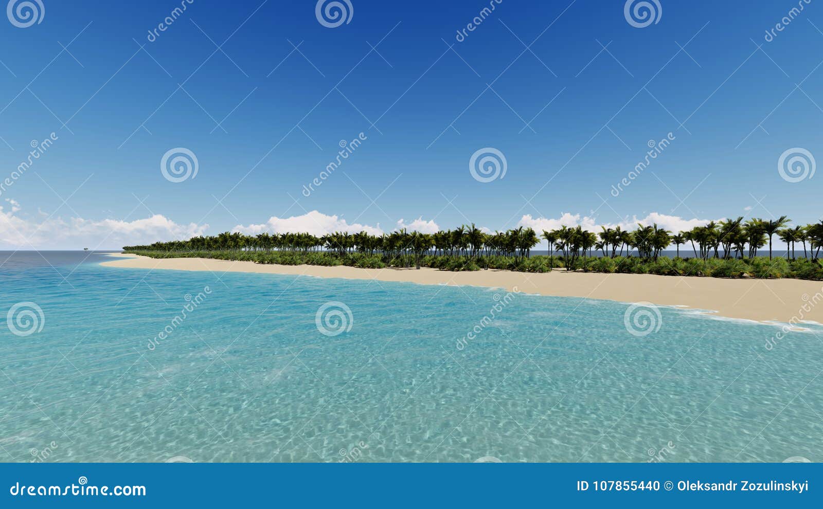 Tropical Beach and Clear Water 3D Render Stock Photo - Image of palm ...