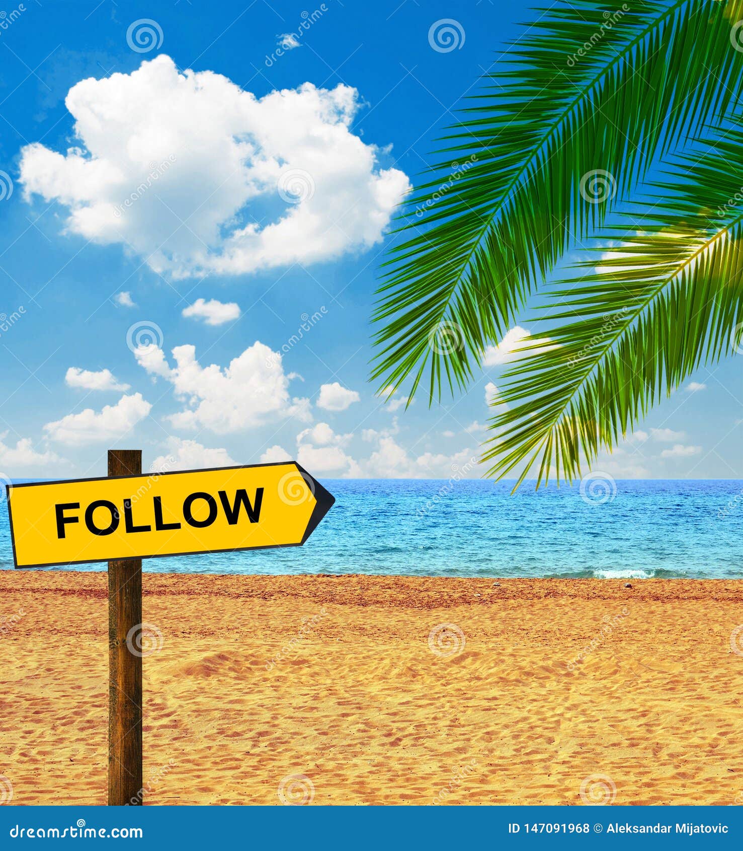 Tropical Beach and Direction Board Saying FOLLOW Stock Photo - Image of ...