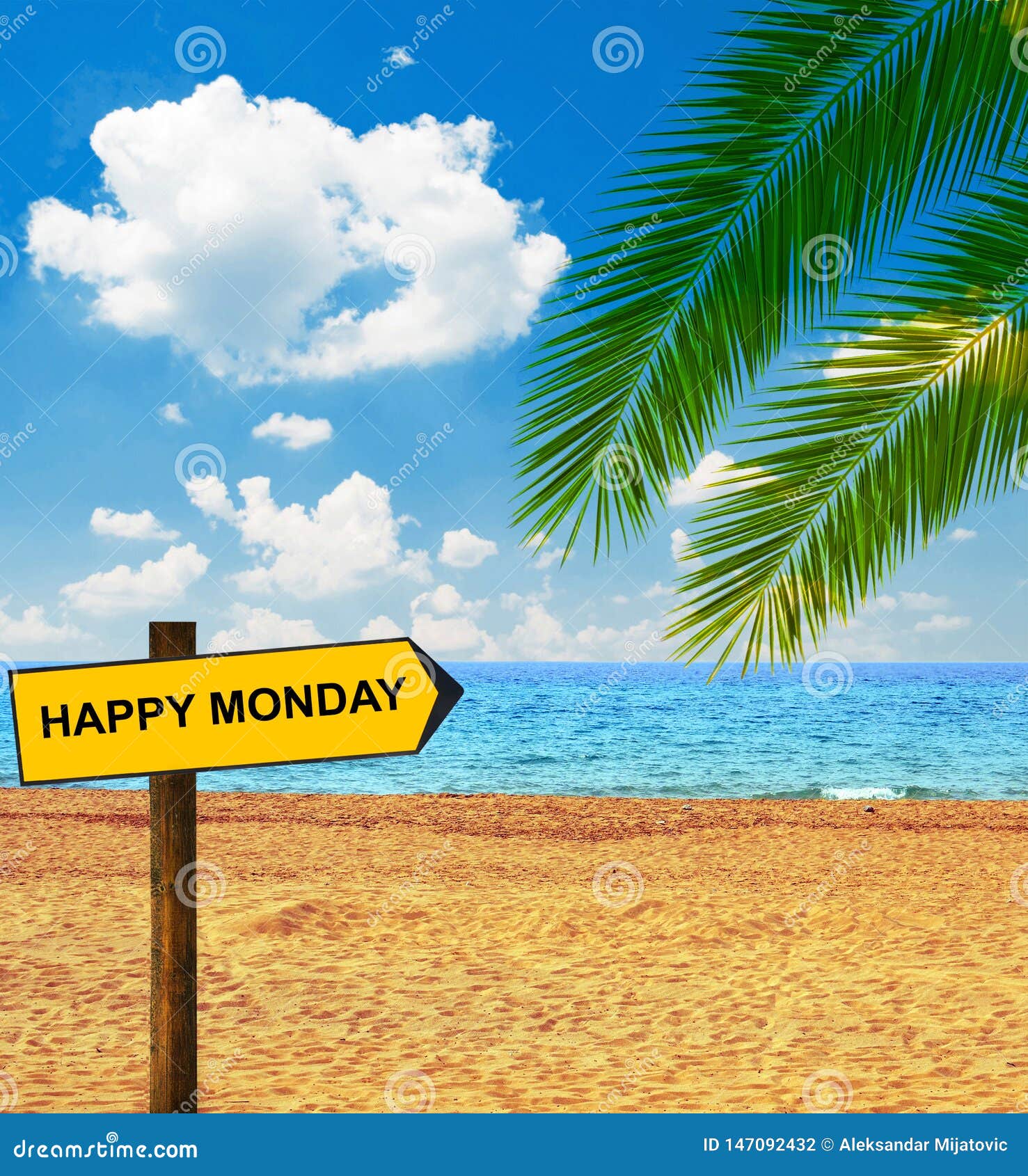 Tropical Beach and Direction Board Saying HAPPY MONDAY Stock Photo ...