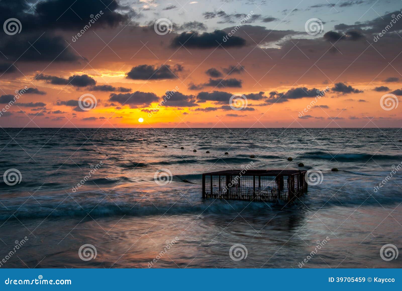 Tropical Beach with Empty Cage in the Sea at Sunset Stock Image - Image ...
