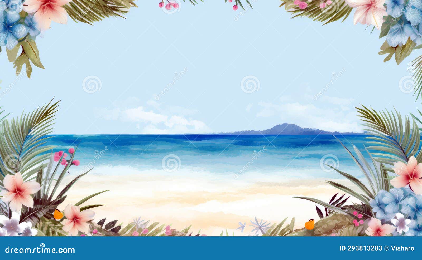 Tropical Beach Frame with Flowers Stock Illustration - Illustration of ...