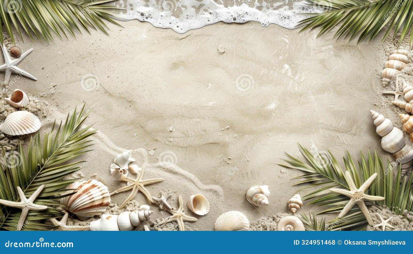 Tropical Beach Frame with Starfish, Shells and Palm Leaves on Sand ...