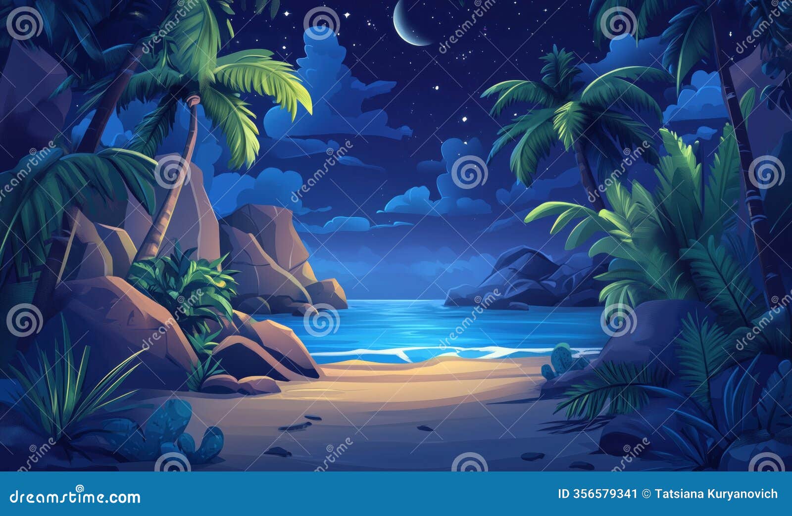 Tropical Beach Night Scene with Moonlight, Palm Trees, Rocks, and Ocean ...