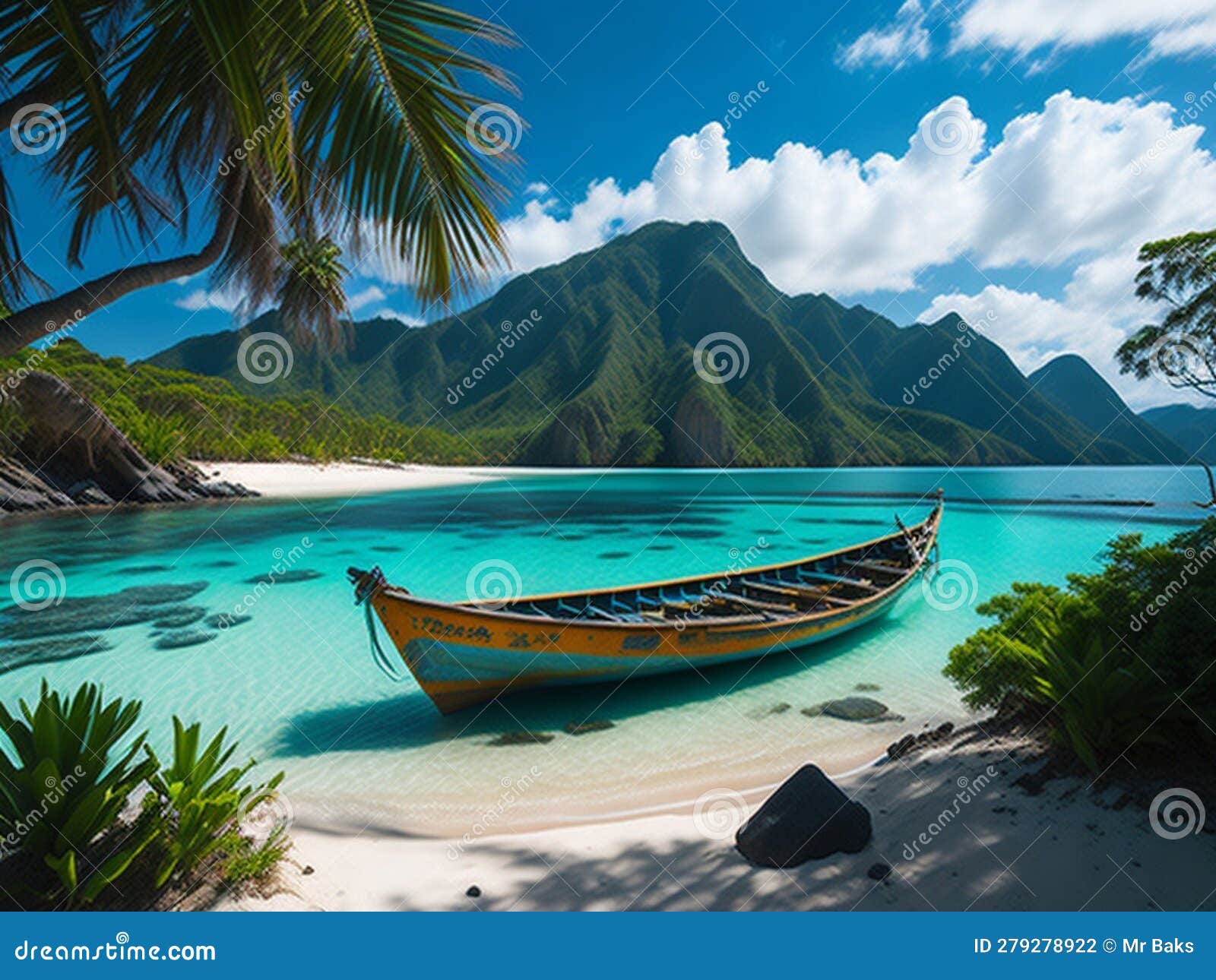 A Tropical Beach with Palm Trees, a Boat and Mountains. Stock ...