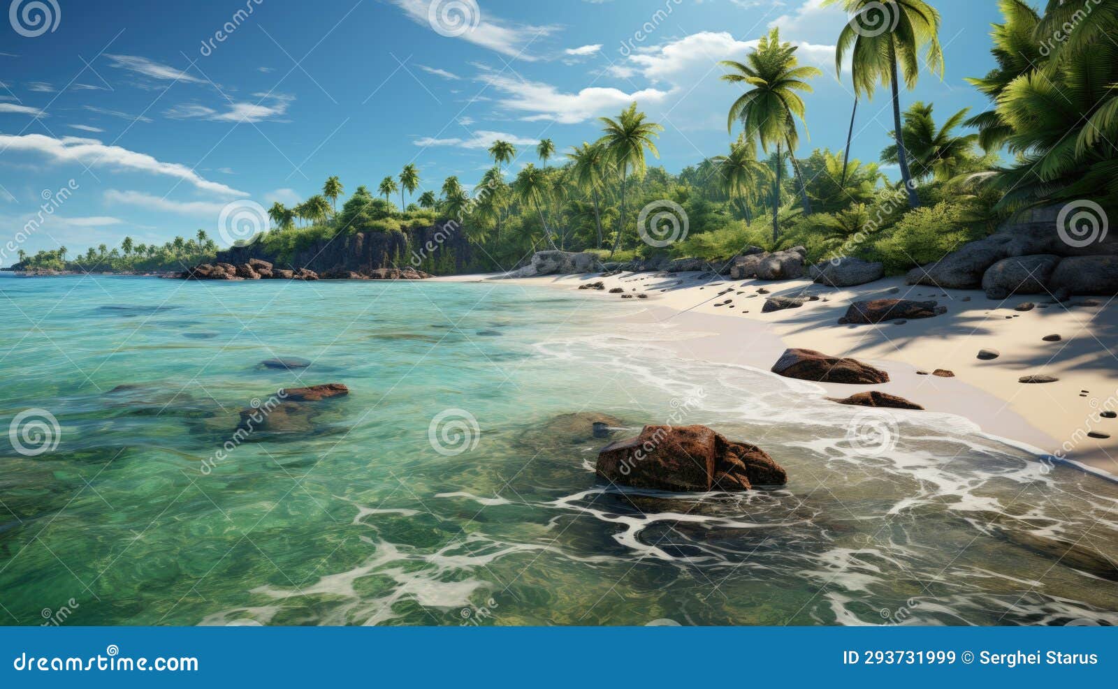 A Tropical Beach with Palm Trees and Rocks, AI Stock Image - Image of ...