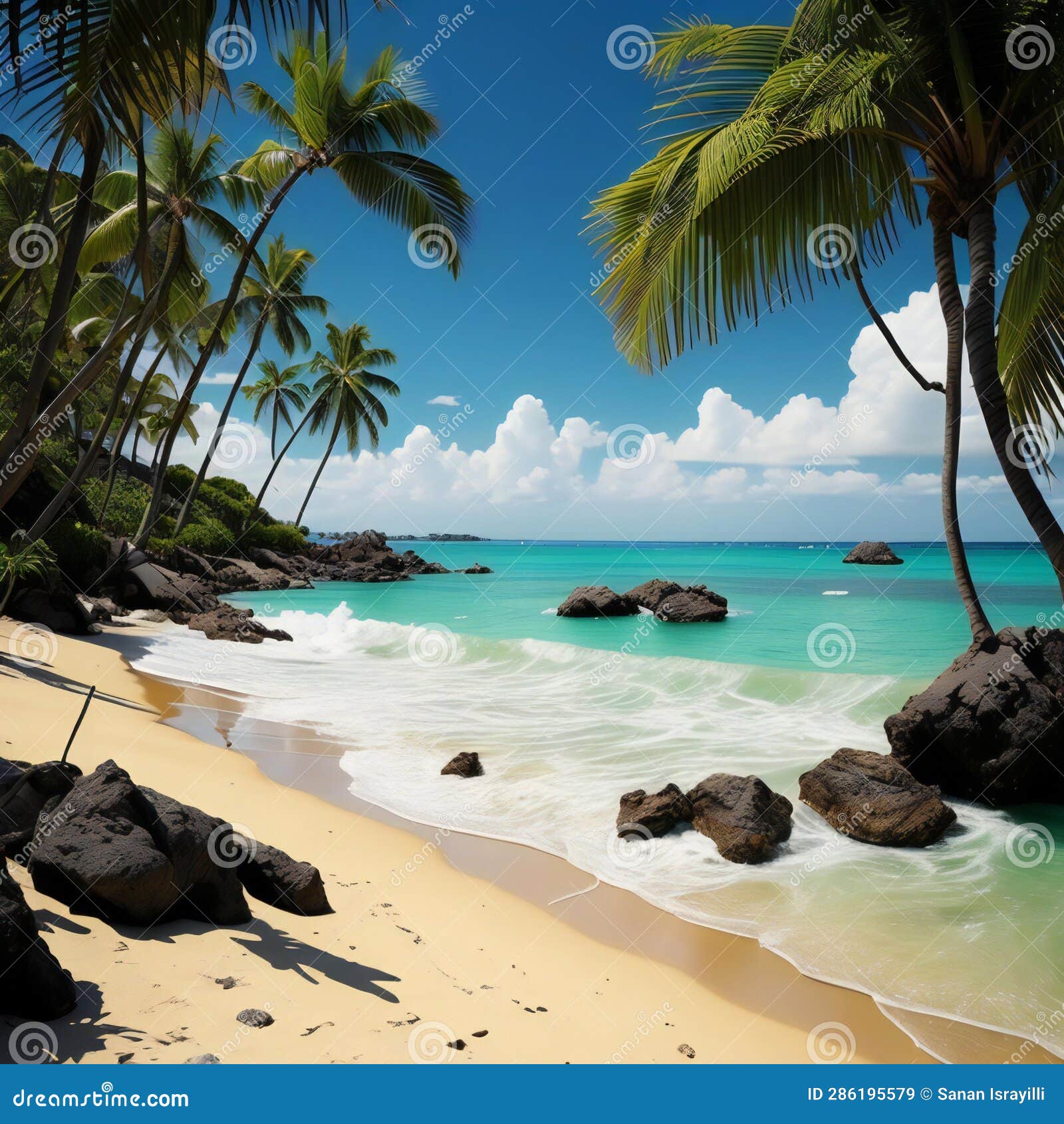 Tropical Beach with Palm Trees and Rocks. Seascape Stock Image - Image ...