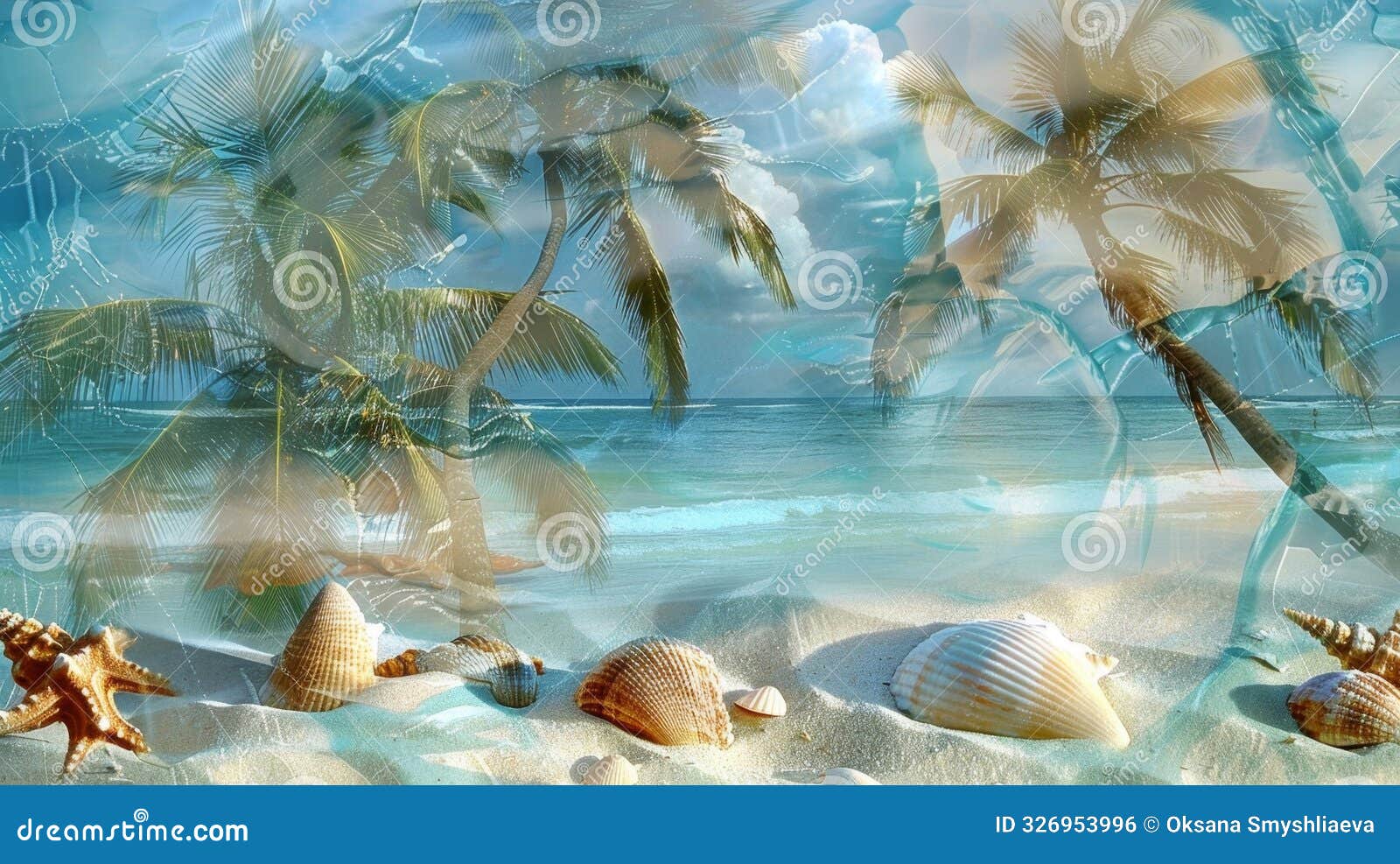 Tropical Beach Paradise with Shells and Palm Trees Stock Photo - Image ...