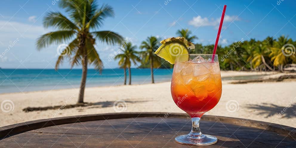 Tropical Beach with Refreshing Cocktail and Palm Tree View Stock Photo ...