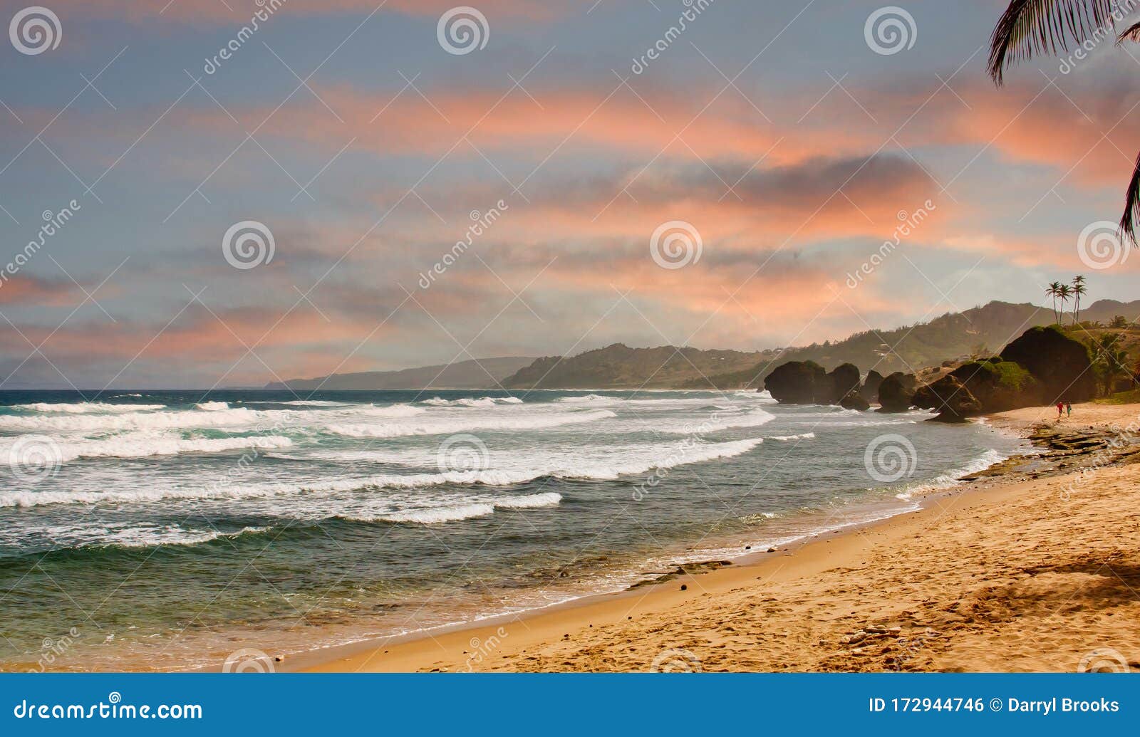 Tropical Beach and Rough Surf at Dusk Stock Photo - Image of sand ...