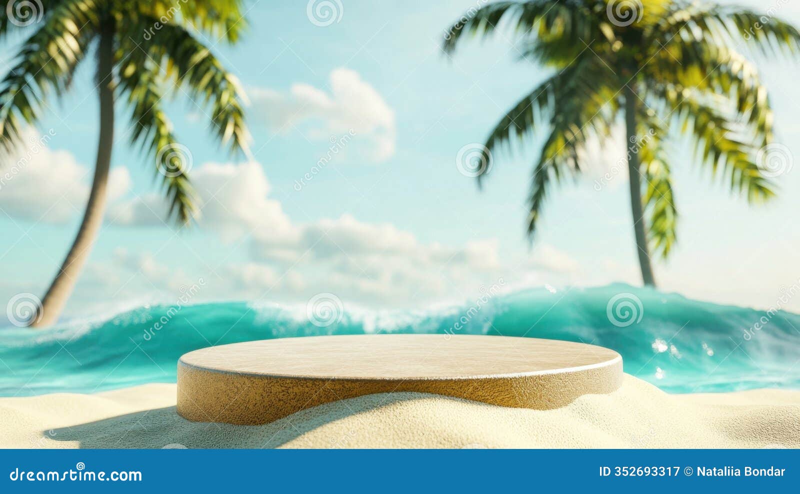 Tropical Beach Scene with Sandy Platform and Palm Trees for Product ...