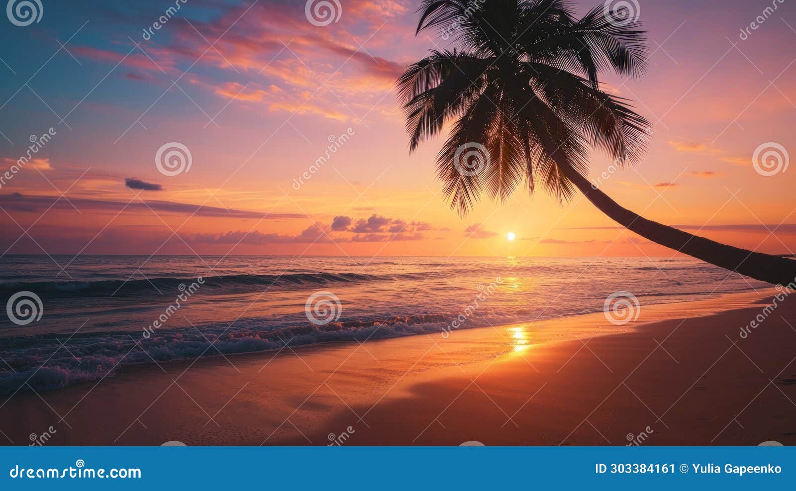 Tropical Beach Scene at Sunset with Palm Tree Tropical Beach Stock ...