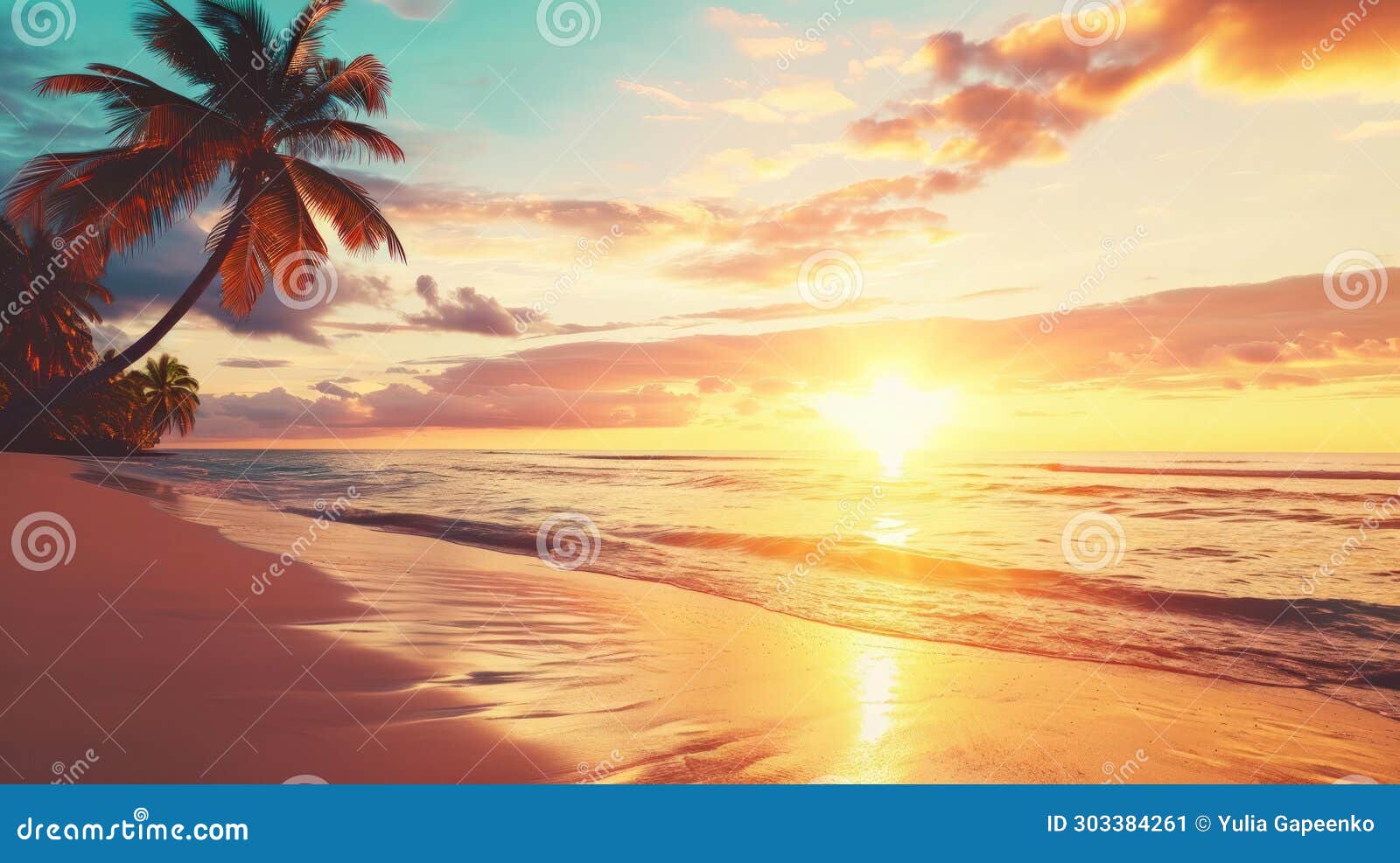 Tropical Beach Scene at Sunset with Palm Tree Tropical Beach Stock ...