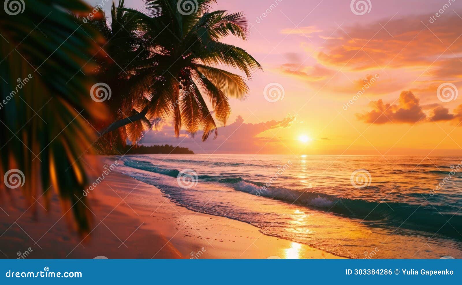 Tropical Beach Scene at Sunset with Palm Tree Tropical Beach Stock ...