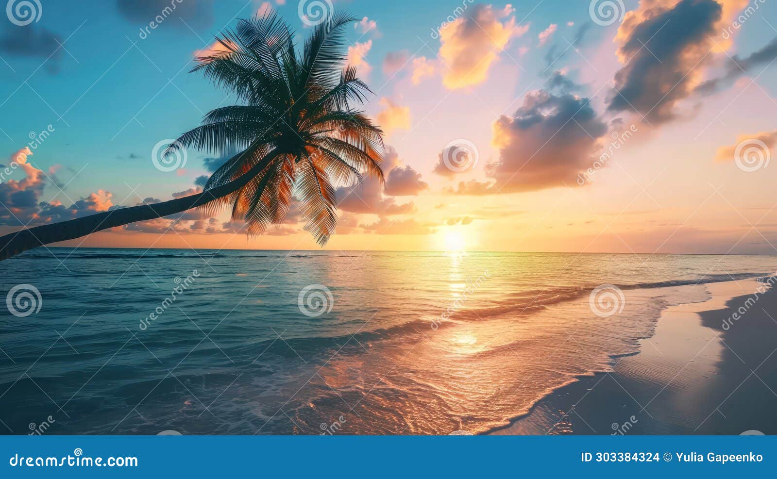 Tropical Beach Scene at Sunset with Palm Tree Tropical Beach Stock ...