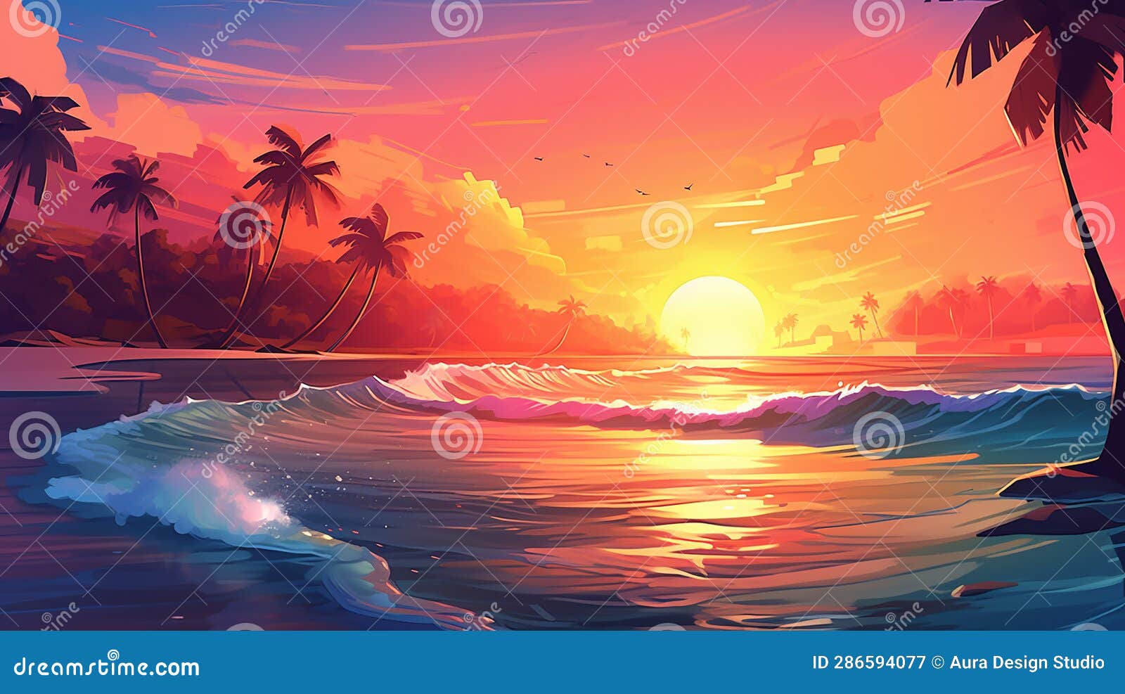 Tropical Beach with Smooth Wave and Sunset Sky Abstract Background ...